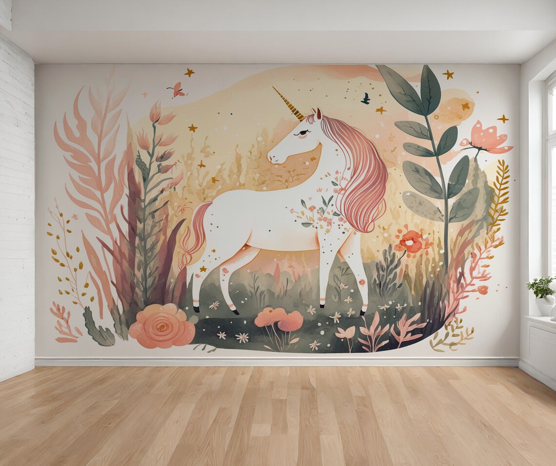 Magical Unicorn Mural Wallpaper - Nursery Floral Wallpaper | Children's ...