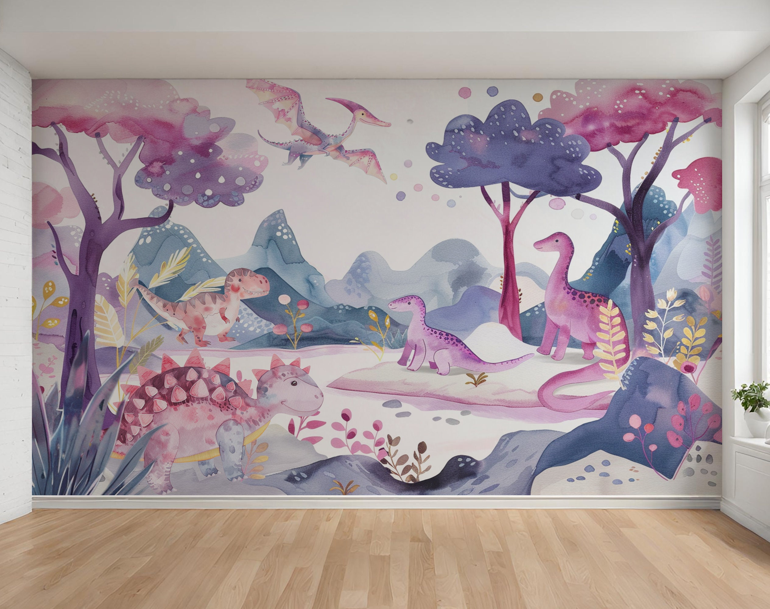 Dino Pals Mural Nursery Wallpaper Children's Wall Art Illustrated Mural ...