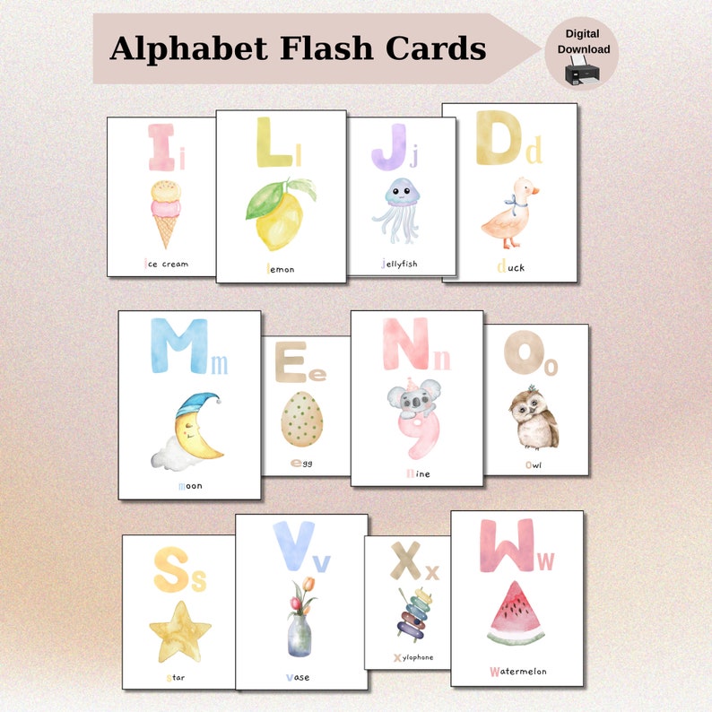 Alphabet Flash Cards Kids Watercolour Alphabet Flash Cards ABC ...