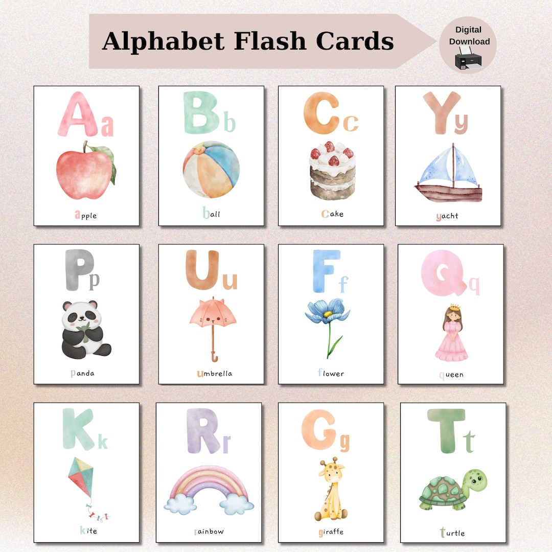 Alphabet Flash Cards Kids Watercolour Alphabet Flash Cards ABC ...