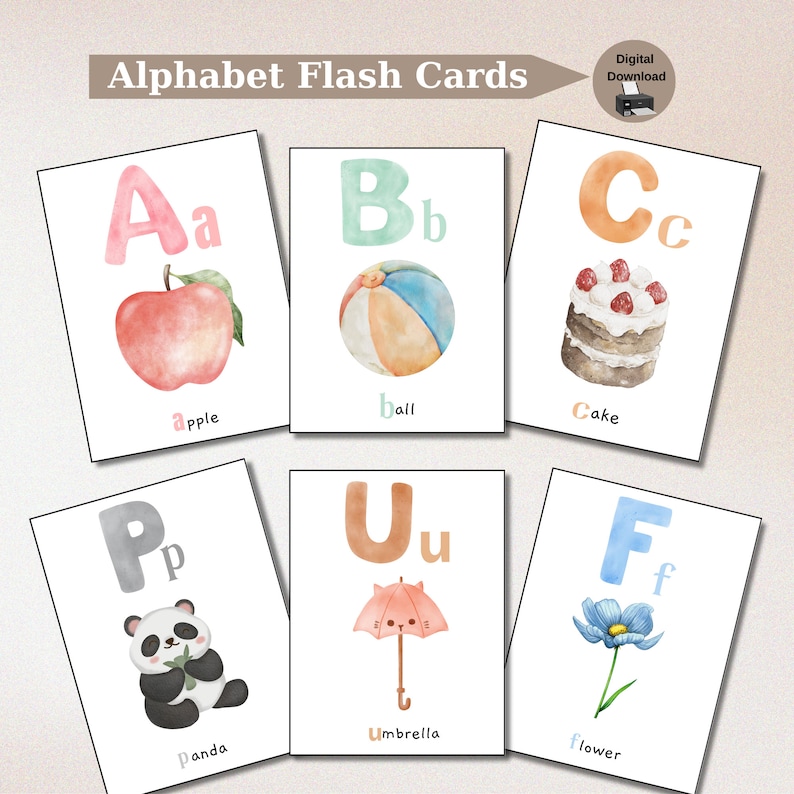 Alphabet Flash Cards Kids Watercolour Alphabet Flash Cards ABC ...