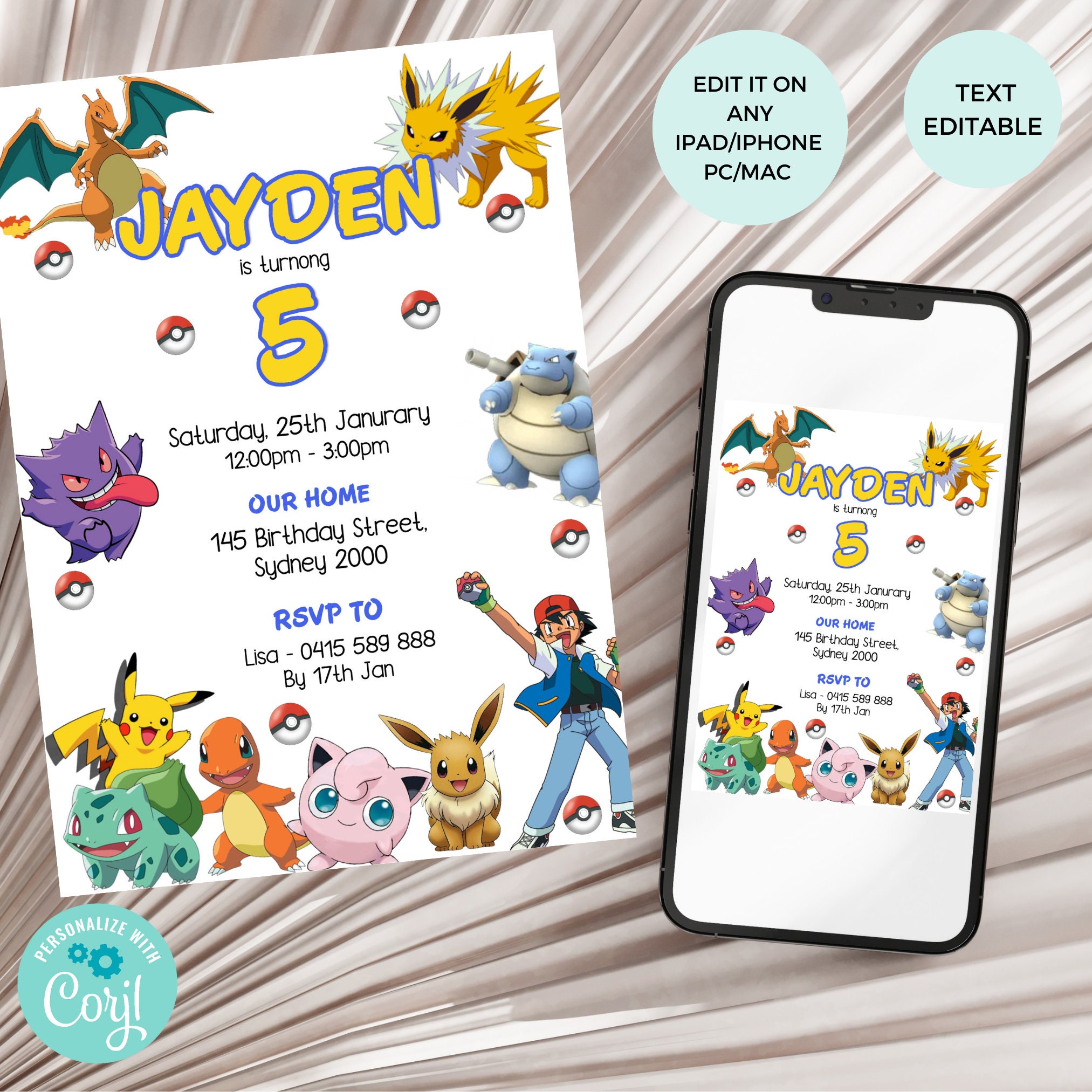 Editable Pokémon Birthday Invitation Digital Pokémon Evite - Etsy