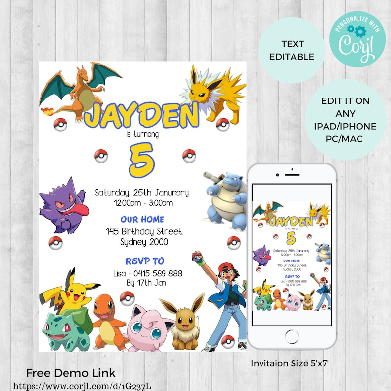 Editable Pokémon Birthday Invitation Digital Pokémon Evite - Etsy