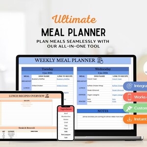 Weekly Meal Planner and Grocery List Google Sheets Tempalte, Breakfast ...