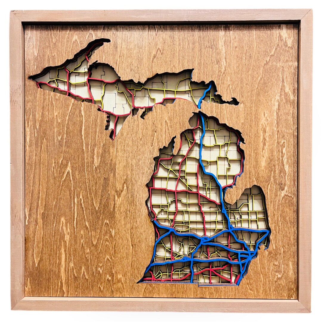 Multi-layered Michigan Highway Wooden Wall Art | Rustic State | Map ...