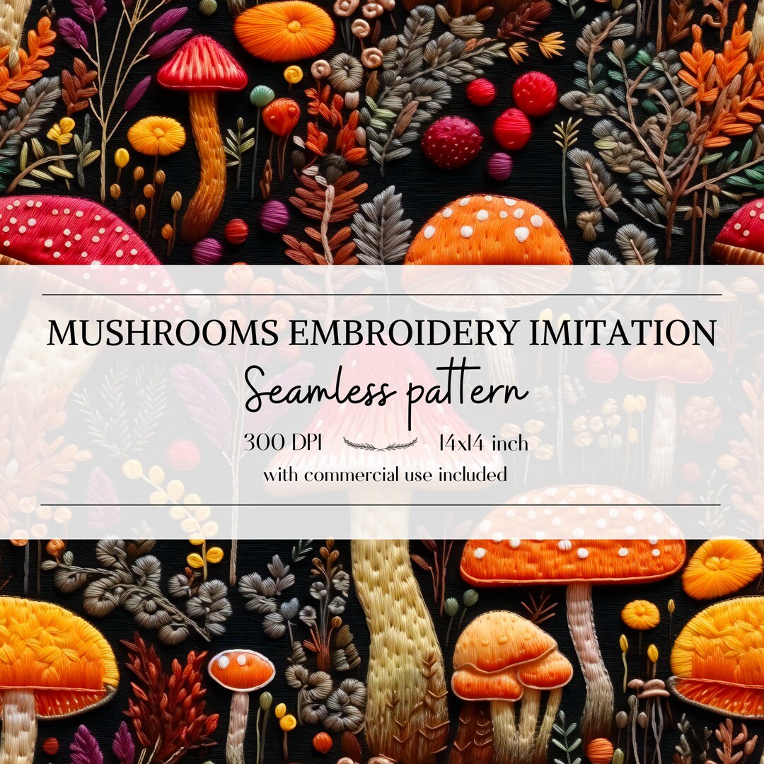 Faux Embroidery Png Files, Mushroom Seamless Pattern, Fall Seamless ...