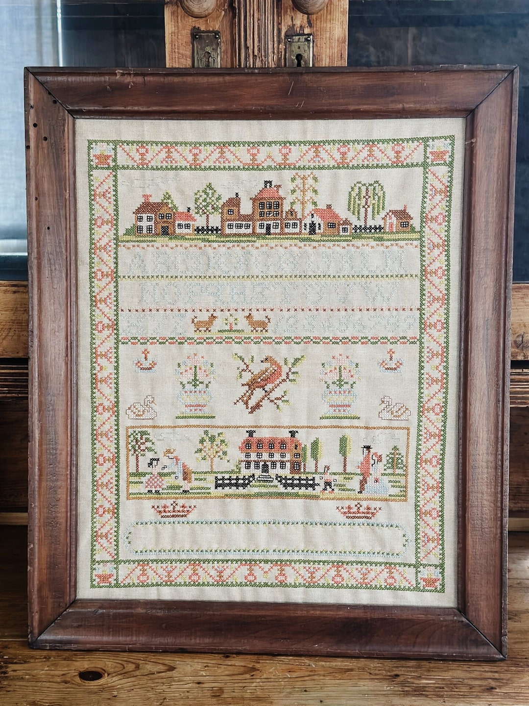 Large English Antique 19th C. European Cross Stitch/embroidery Sampler ...
