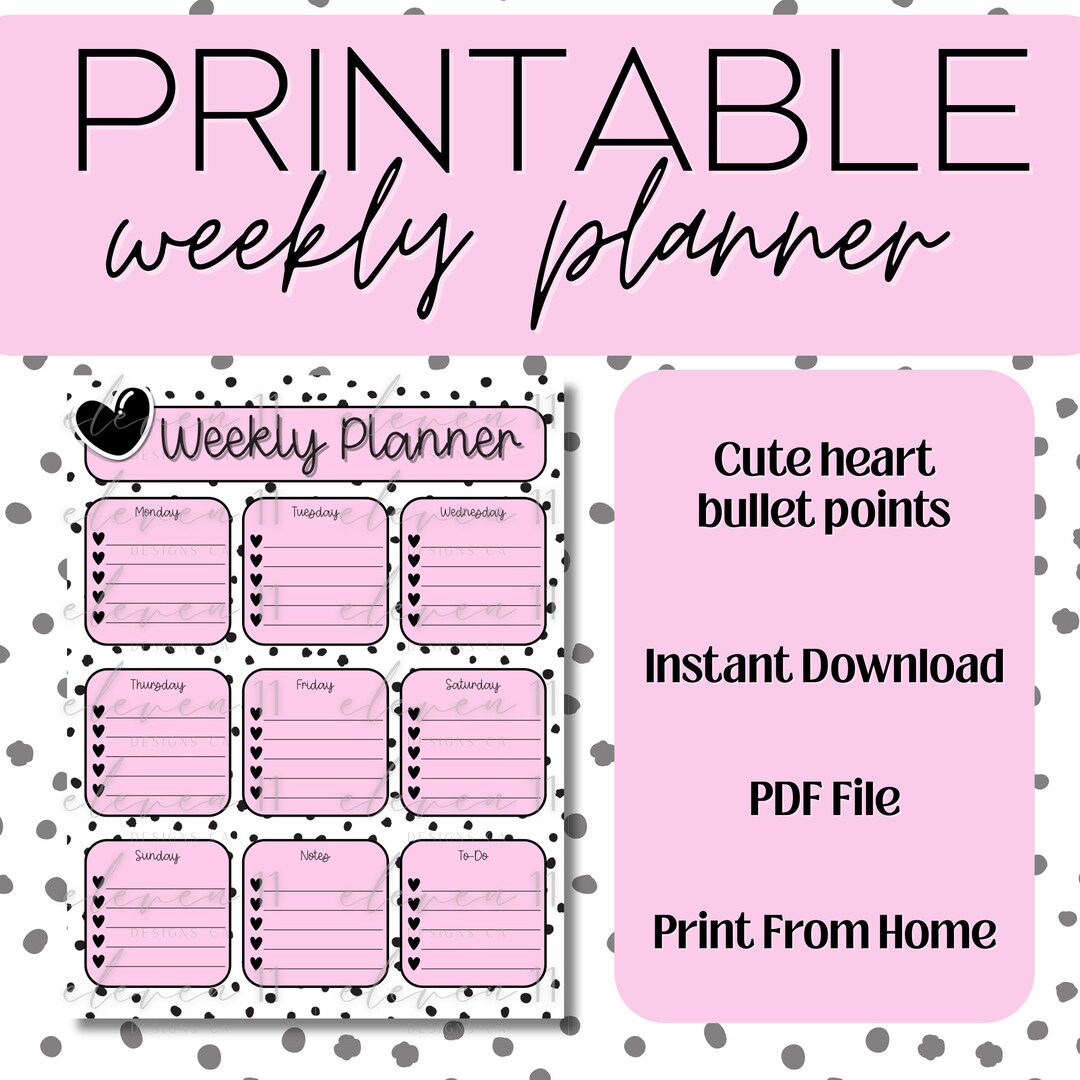 Printable Weekly Planner – Pink & Black Polka Dot Design (digital ...