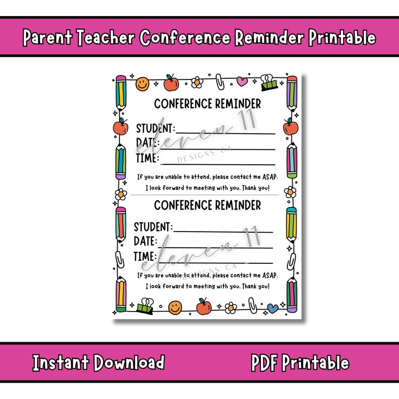 Printable Parent Teacher Conference Reminder | Cute School Teacher Note ...
