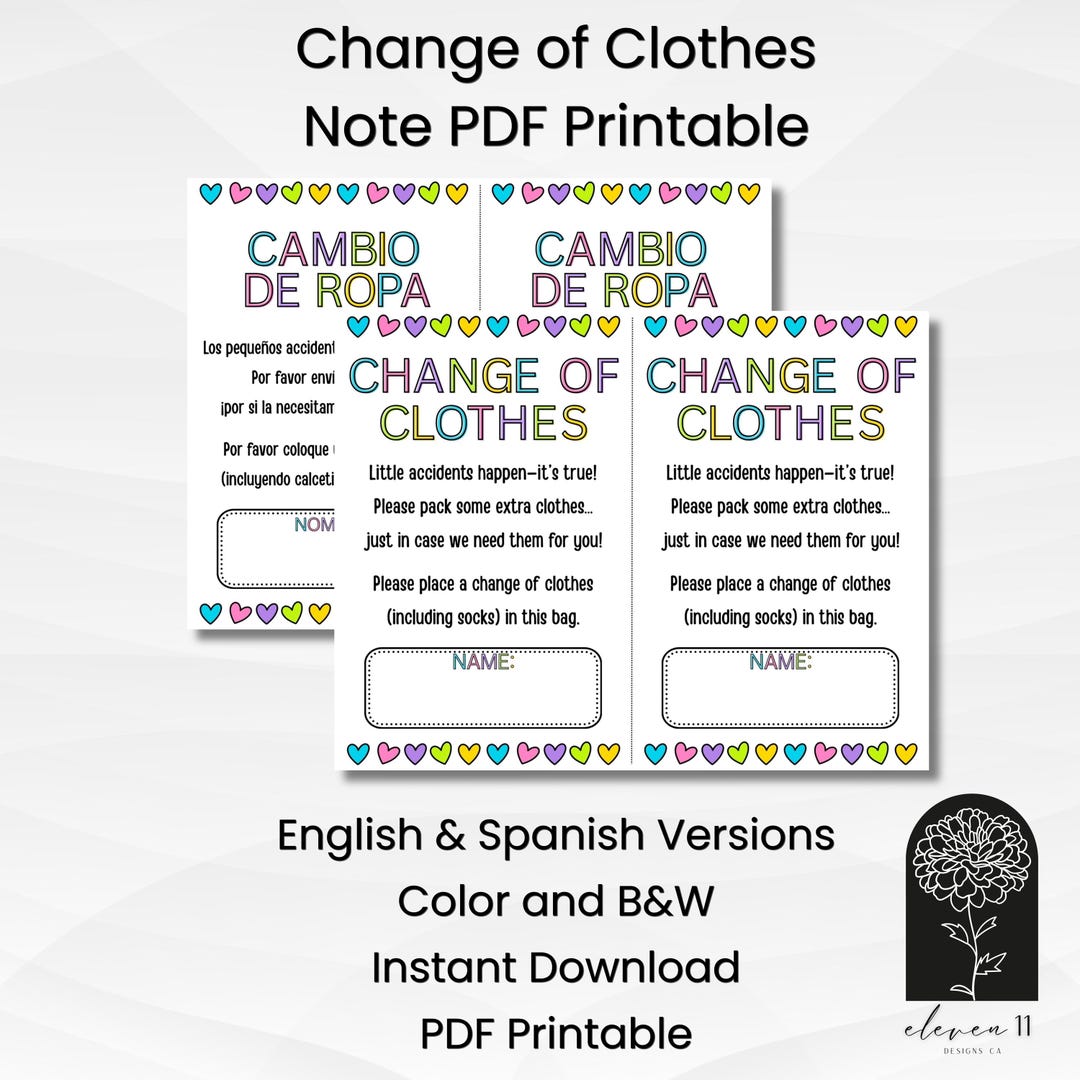 Change of Clothes Note Printable (english & Spanish) (PDF Printable) - Etsy
