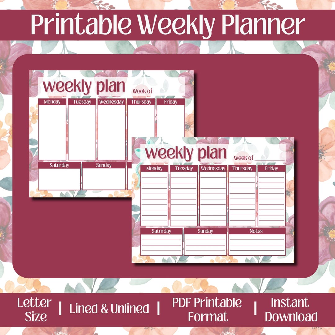 Floral Weekly Planner Printable | Burgundy Blush Watercolor (PDF) - Etsy