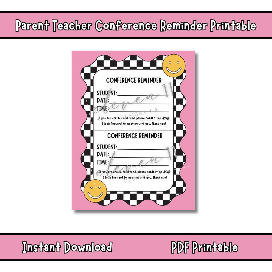 Printable Conference Reminder: Smiley Face Teacher Note, Pink Checkered ...