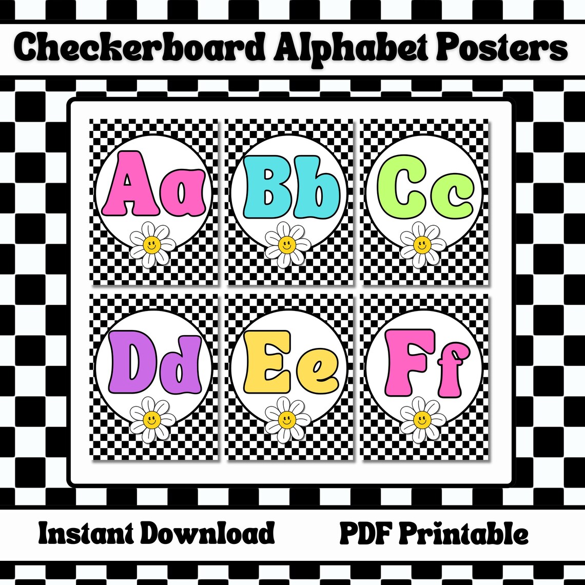 Retro Daisy Alphabet Poster: Checkerboard Classroom Decor (digital ...