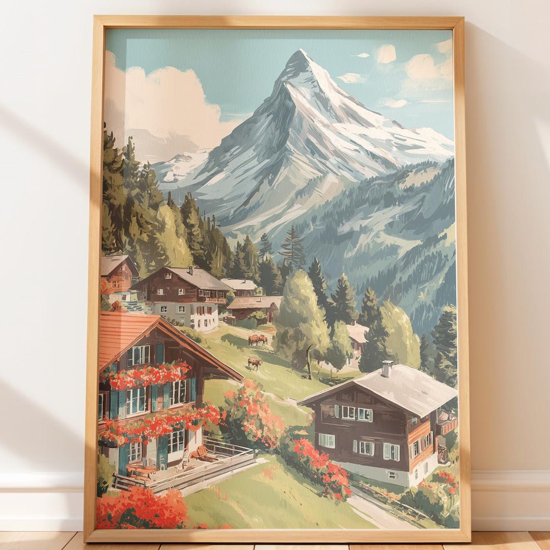 Cottagecore Wooden Alpine Chalets Art Print - Vintage Cozy Landscape ...