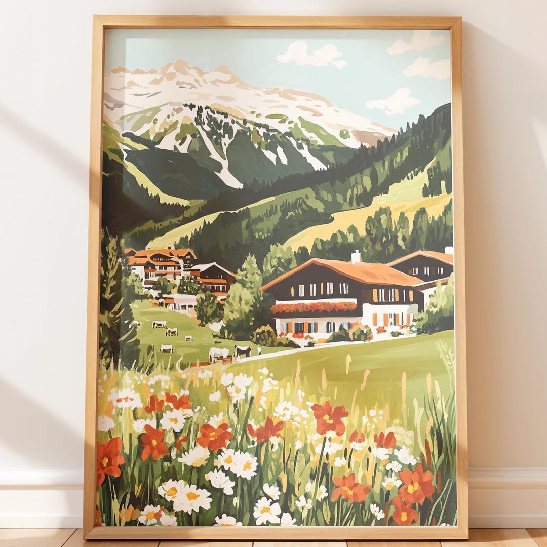 Cottagecore Rustic Wooden Chalets Painting - Serene Pastoral Art, Cozy ...