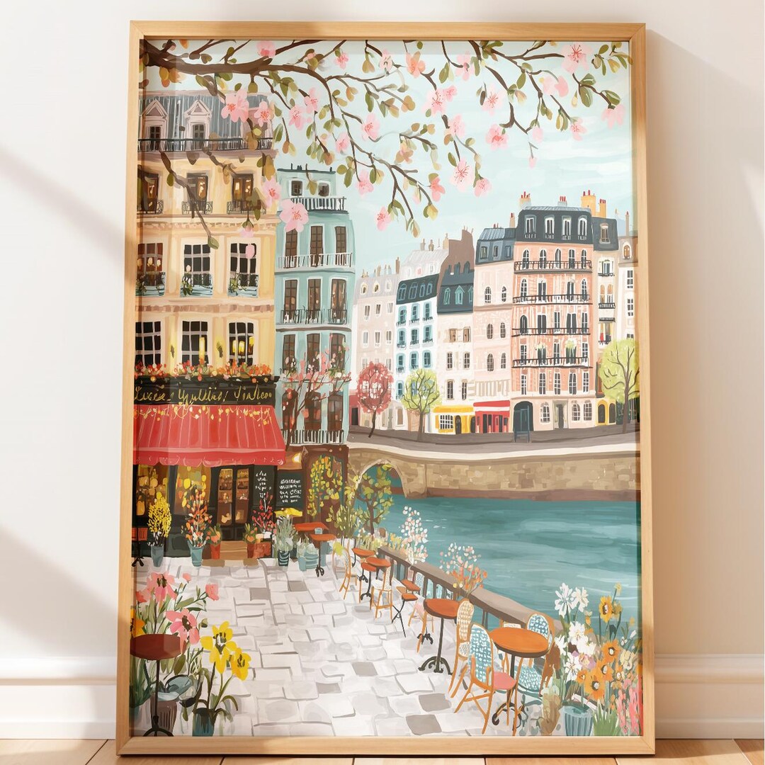 Watercolor Parisian Riverside Café Scene - Whimsical Architecture Art ...