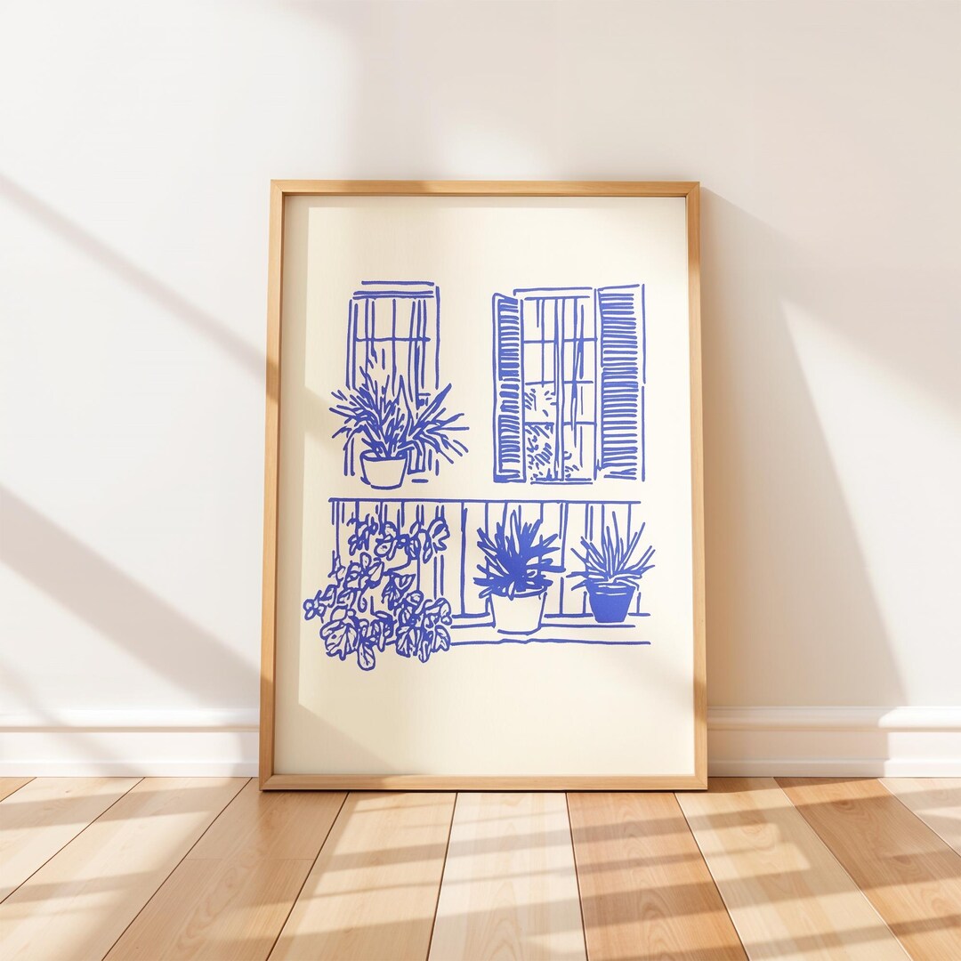 Botanical Balcony Railing Print – Indigo Cottagecore Art - Etsy