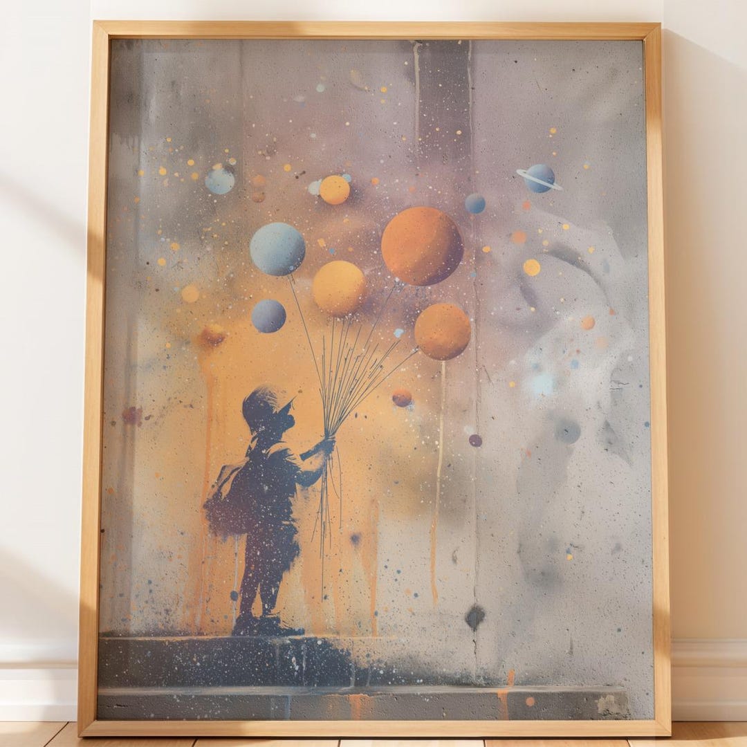 Kids Street Art Wall Decor, Planets Mural, Boy With Balloons, Nursery ...