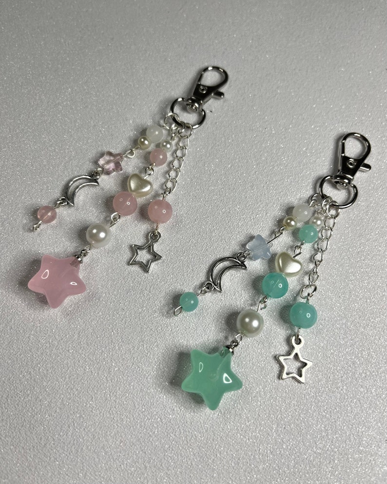 Celestial Star Beaded Charm Keychain Blue or Pink Kawaii, Cute ...
