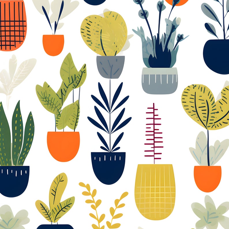 10 Potted Plants Green White Seamless Patterns Digital Bundle, Digital ...