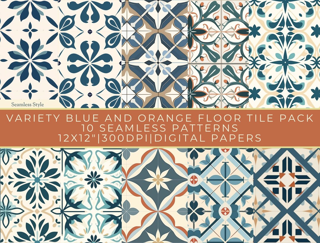 10 Variety Blue and Orange Floor Tile Seamless Patterns Digital Bundle ...