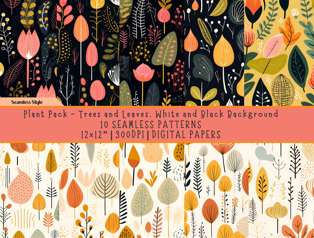 10 Plants Trees and Leaves Seamless Patterns Digital Bundle, Digital ...