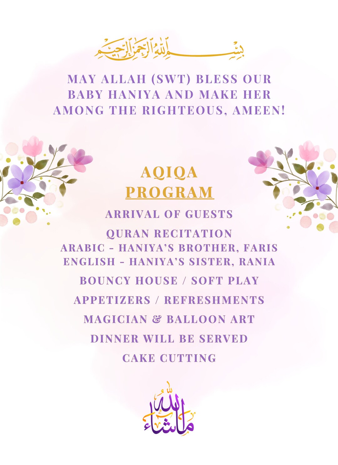 Aqiqah Themed Program Cards | Personalized Table Cards | Customized ...