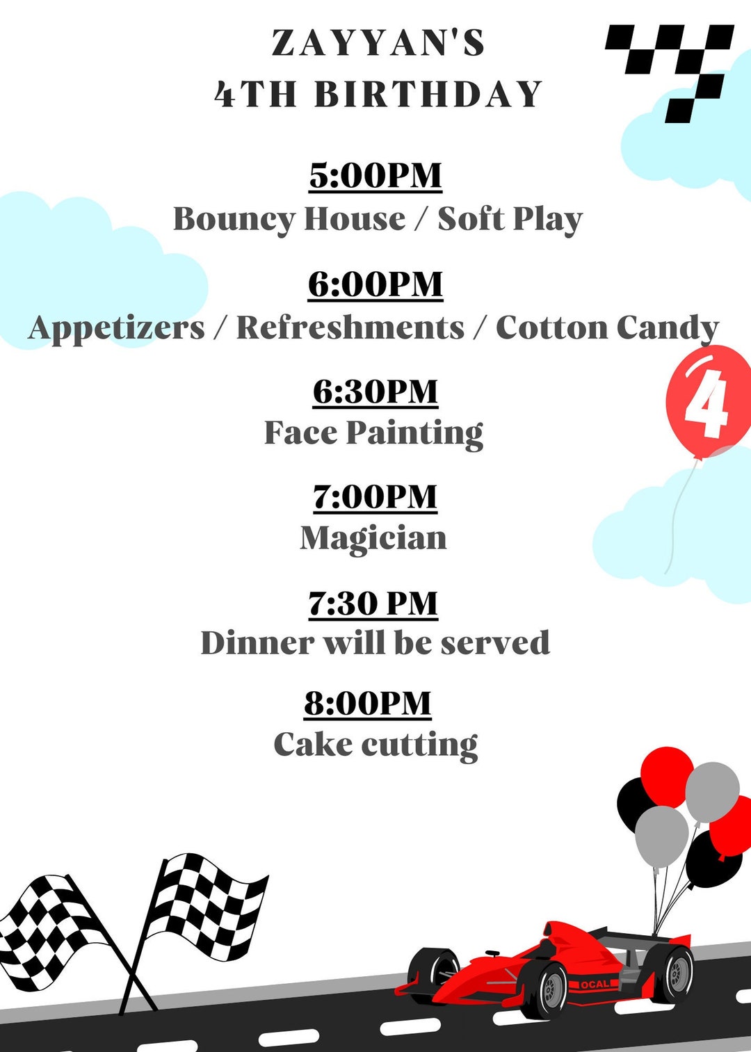 Race Car Themed Program Cards | Personalized Table Cards | Customized ...