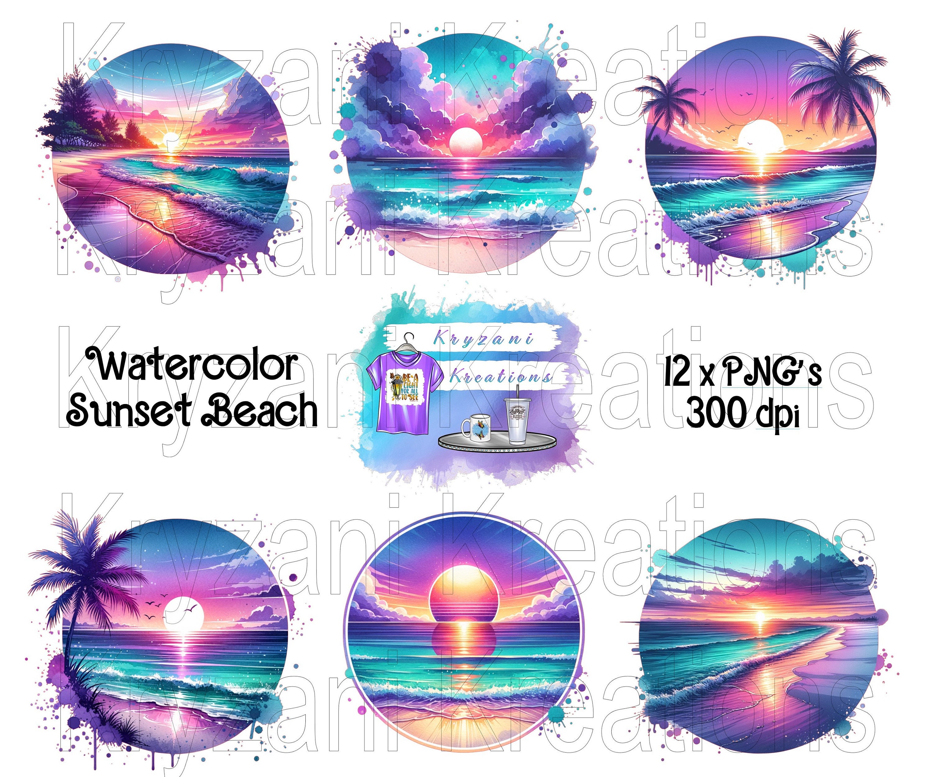 Watercolor - Beach - Sunset - Ocean - Clip Art - PNG Bundle ...