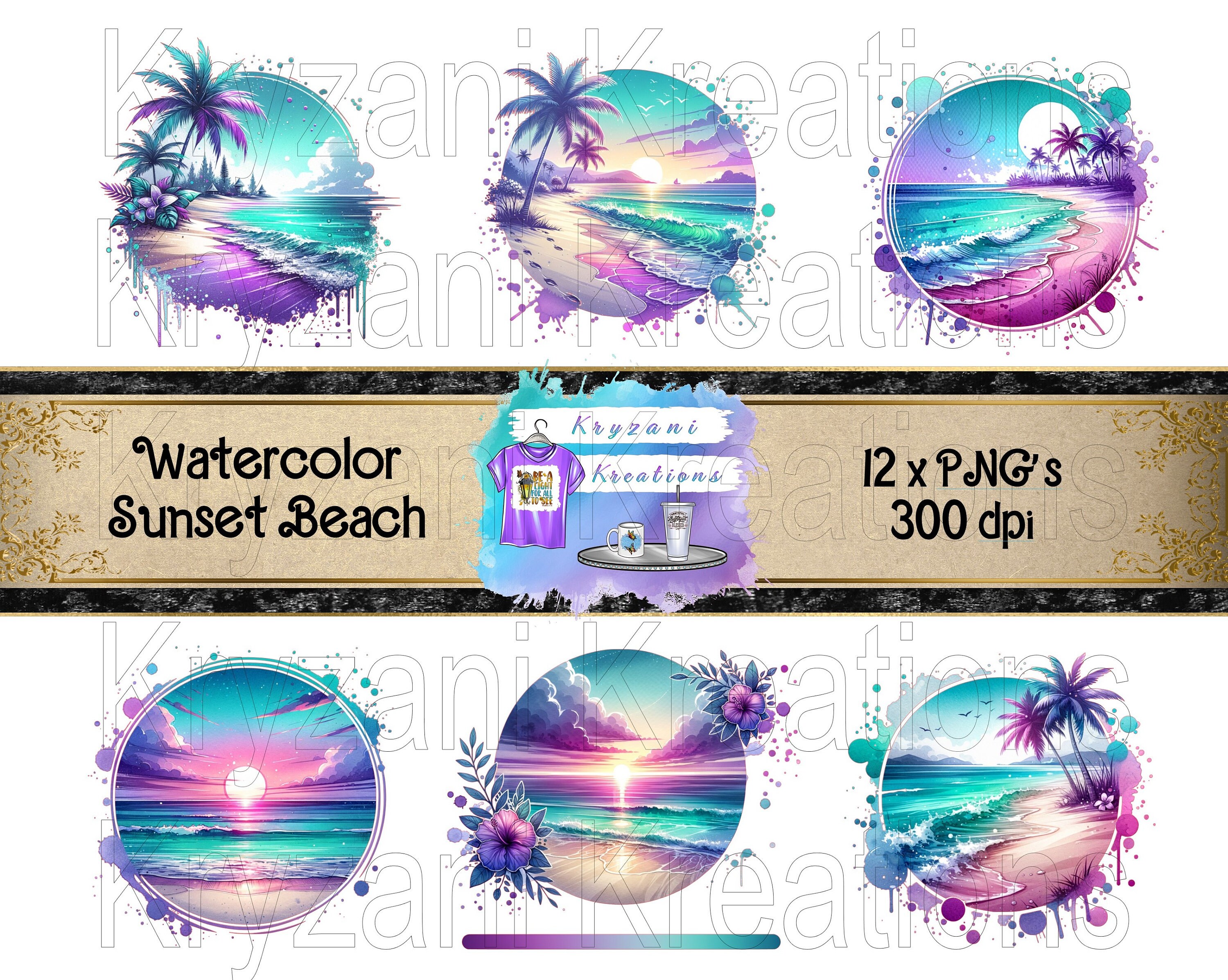 Watercolor - Beach - Sunset - Ocean - Clip Art - PNG Bundle ...