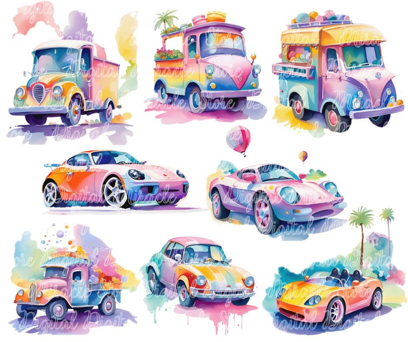 Car Clipart, Cute Car PNG, Watercolor Cars, Vintage Vehicles, Vintage ...