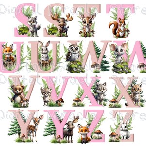 Pink Woodland Letters, Woodland Alphabet, Pink Forest Clipart, Pink ...