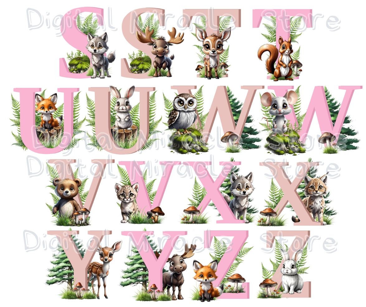 Pink Woodland Letters, Woodland Alphabet, Pink Forest Clipart, Pink ...