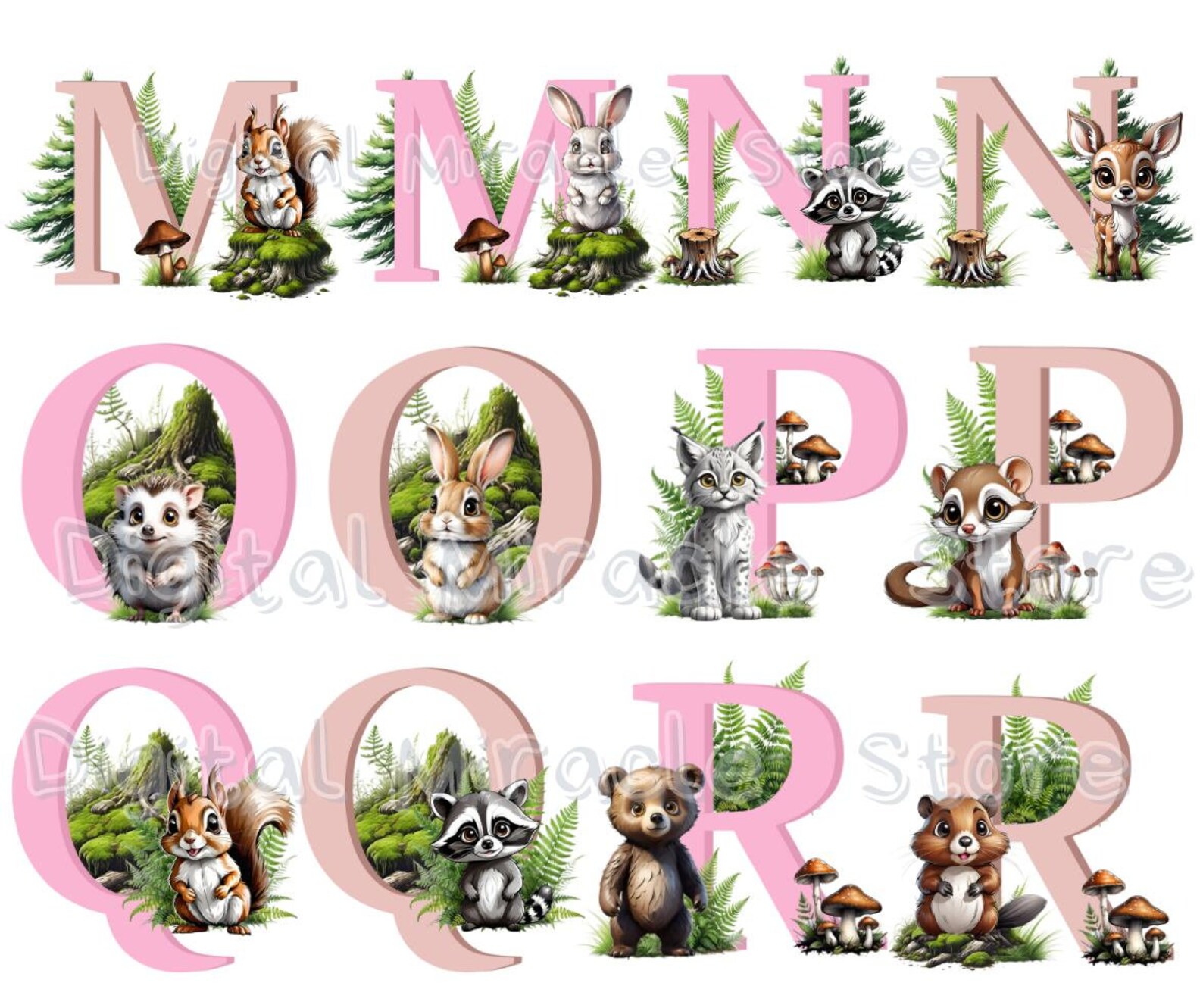 Pink Woodland Letters, Woodland Alphabet, Pink Forest Clipart, Pink ...