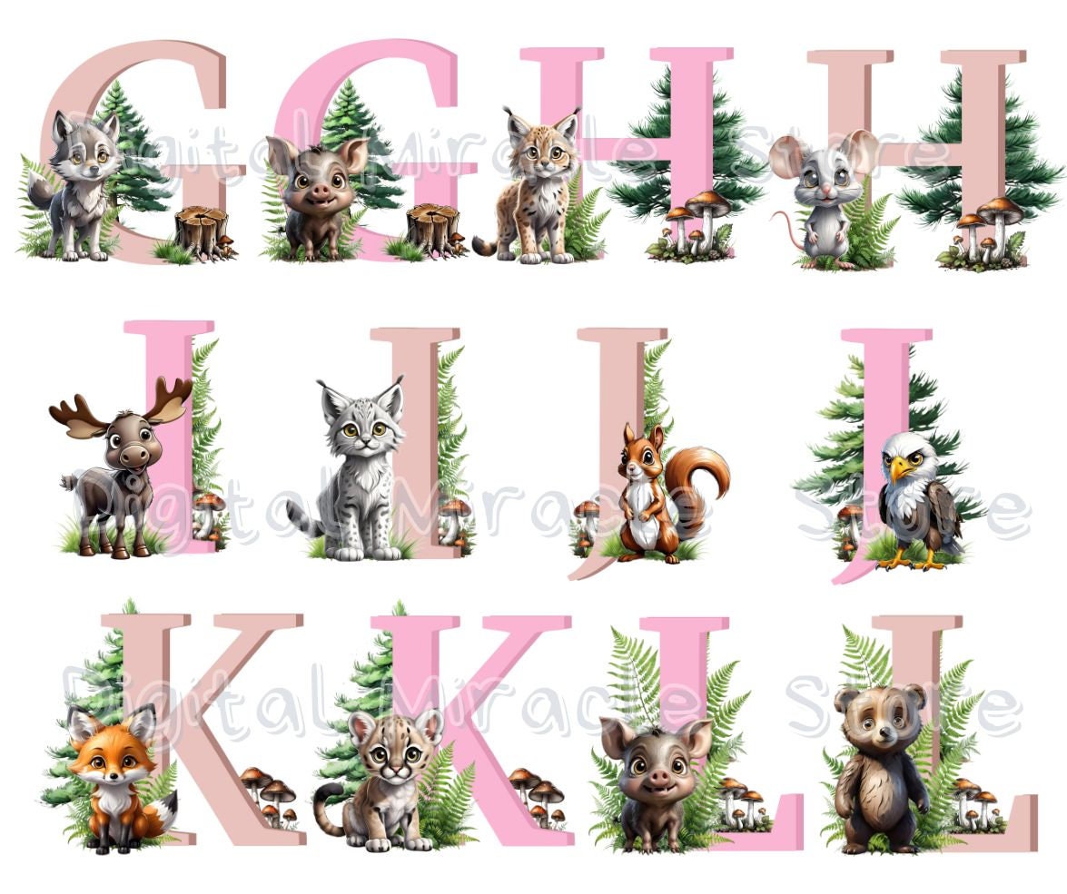 Pink Woodland Letters, Woodland Alphabet, Pink Forest Clipart, Pink ...