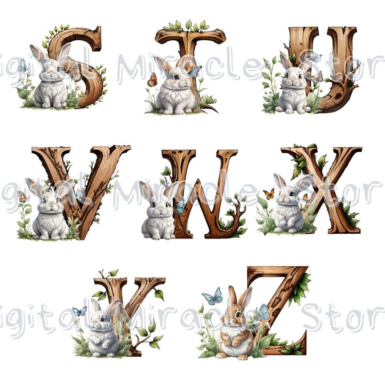 Bunny Alphabet, Butterfly Alphabet, Wood Letters PNG, Wood Font, Boho ...