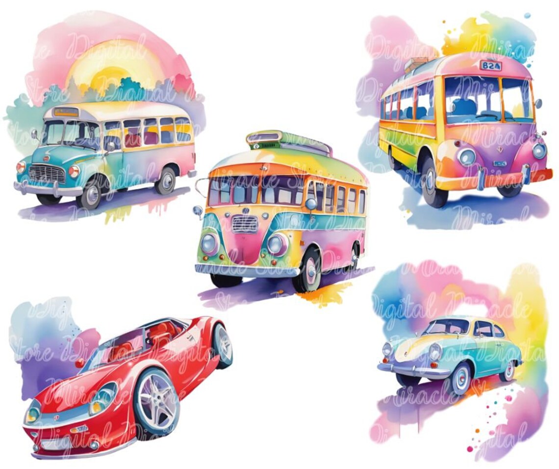 Car Clipart, Cute Car PNG, Watercolor Cars, Vintage Vehicles, Vintage ...