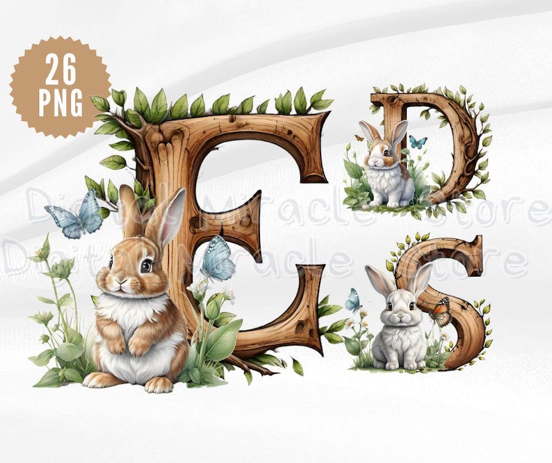Bunny Alphabet, Butterfly Alphabet, Wood Letters PNG, Wood Font, Boho ...