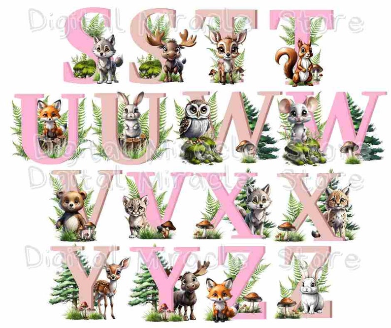 Pink Woodland Letters, Woodland Alphabet, Pink Forest Clipart, Pink ...