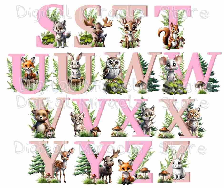 Pink Woodland Letters, Woodland Alphabet, Pink Forest Clipart, Pink ...