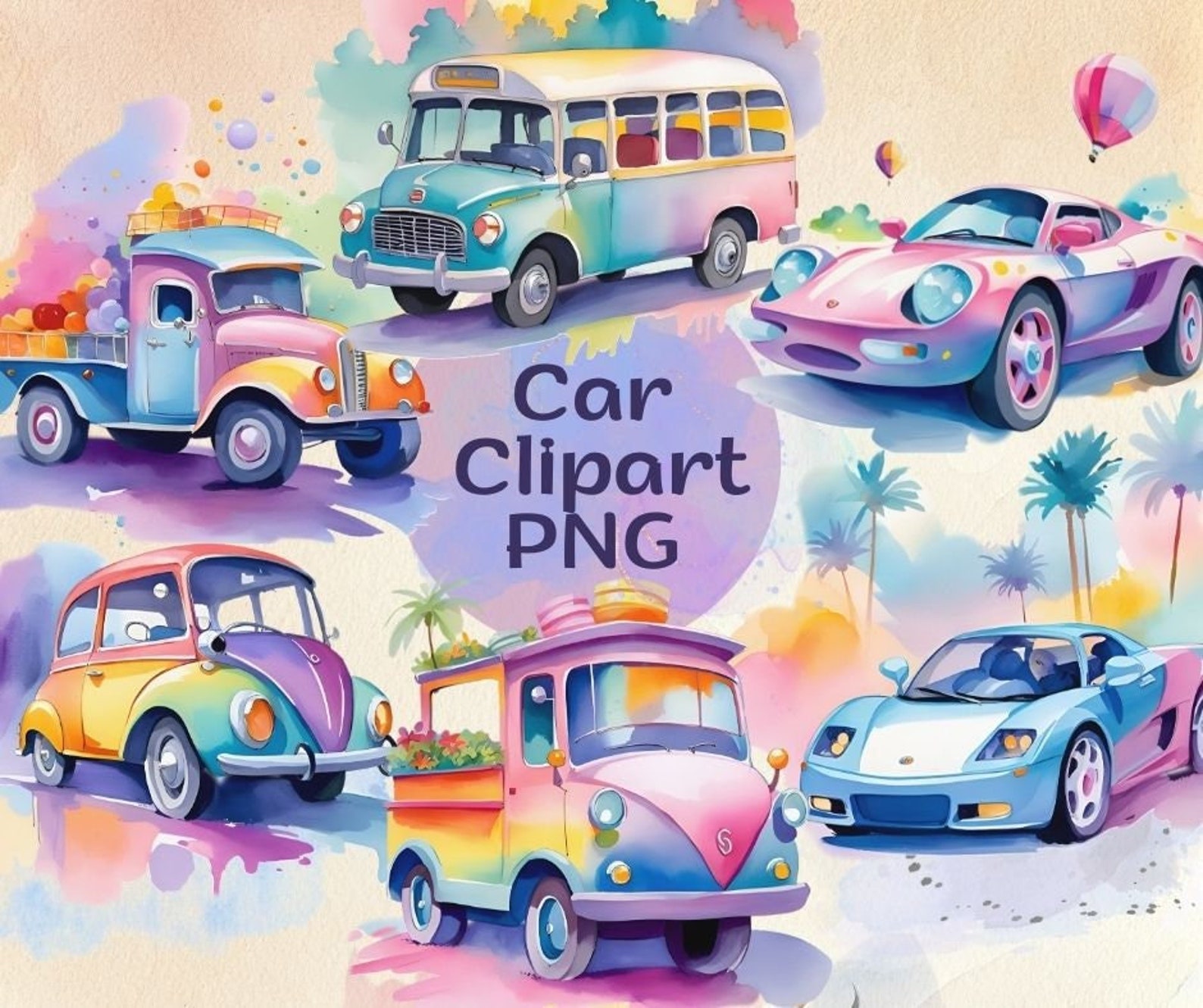 Car Clipart, Cute Car PNG, Watercolor Cars, Vintage Vehicles, Vintage ...