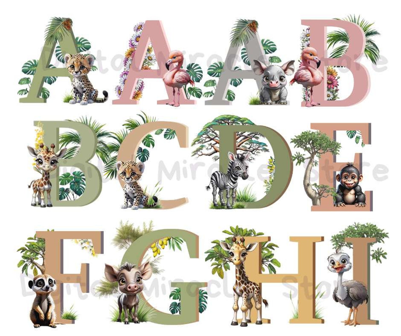 Jungle Alphabet, Cute Safari Animals Clipart, Jungle Animal Clipart ...