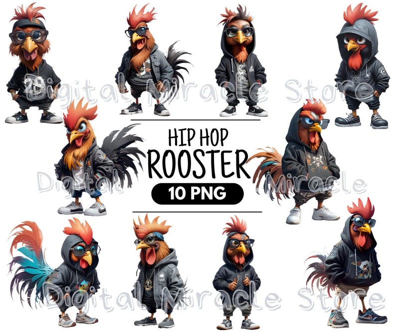 Funny Chickens Clipart, Hip Hop Rooster, Chickens in Clothes Clipart ...