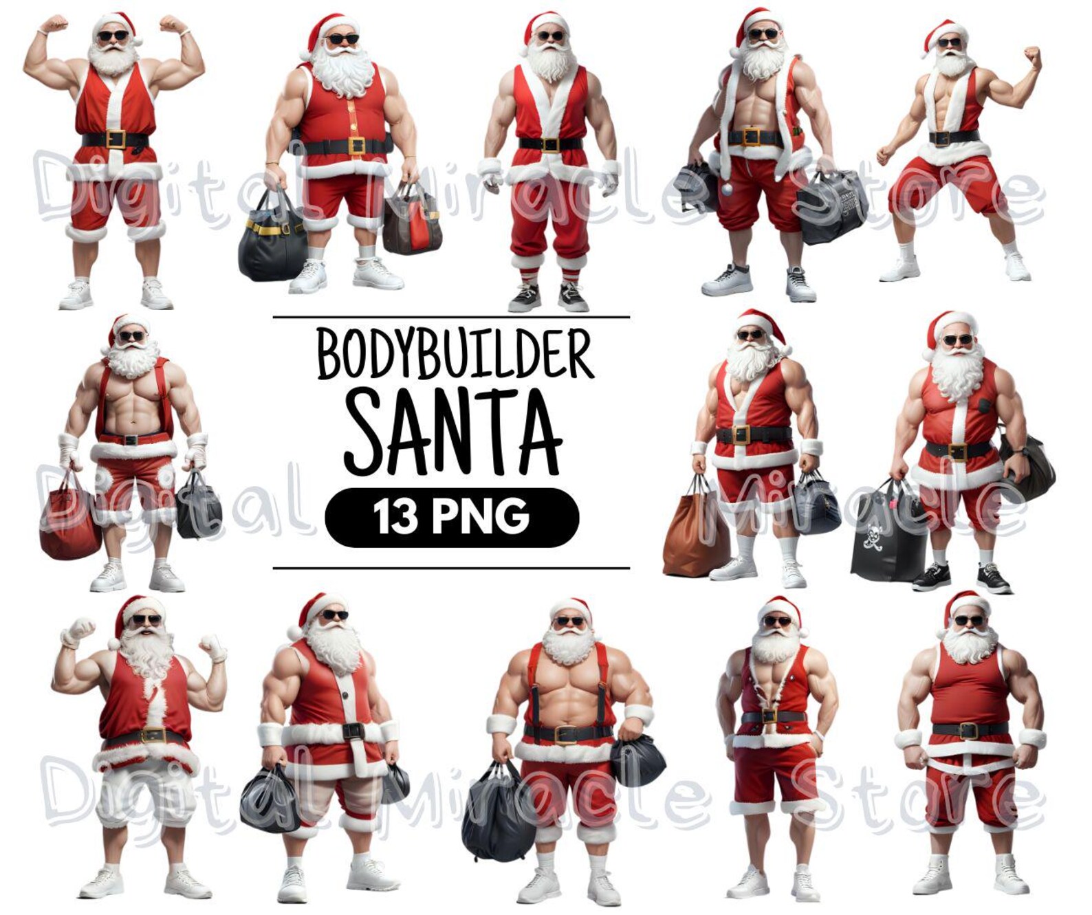 Bodybuilder Santa, Cool Santa PNG, Santa With Sunglasses, Funny Santa ...