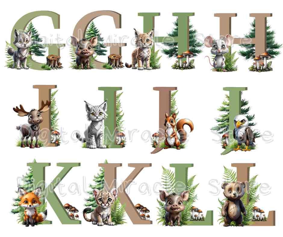 Woodland Alphabet, Forest Alphabet, Woodland Animals Clipart, Cute ...