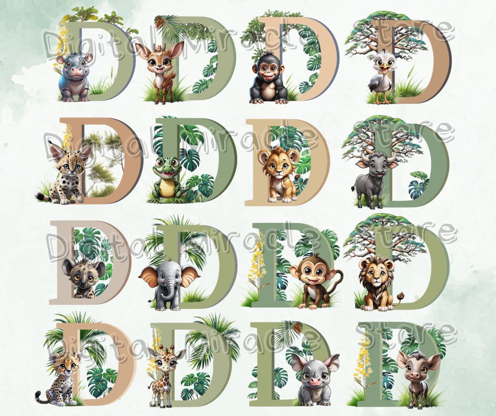 Letter D, Jungle Alphabet, Cute Safari Animals Clipart, Jungle Animal ...