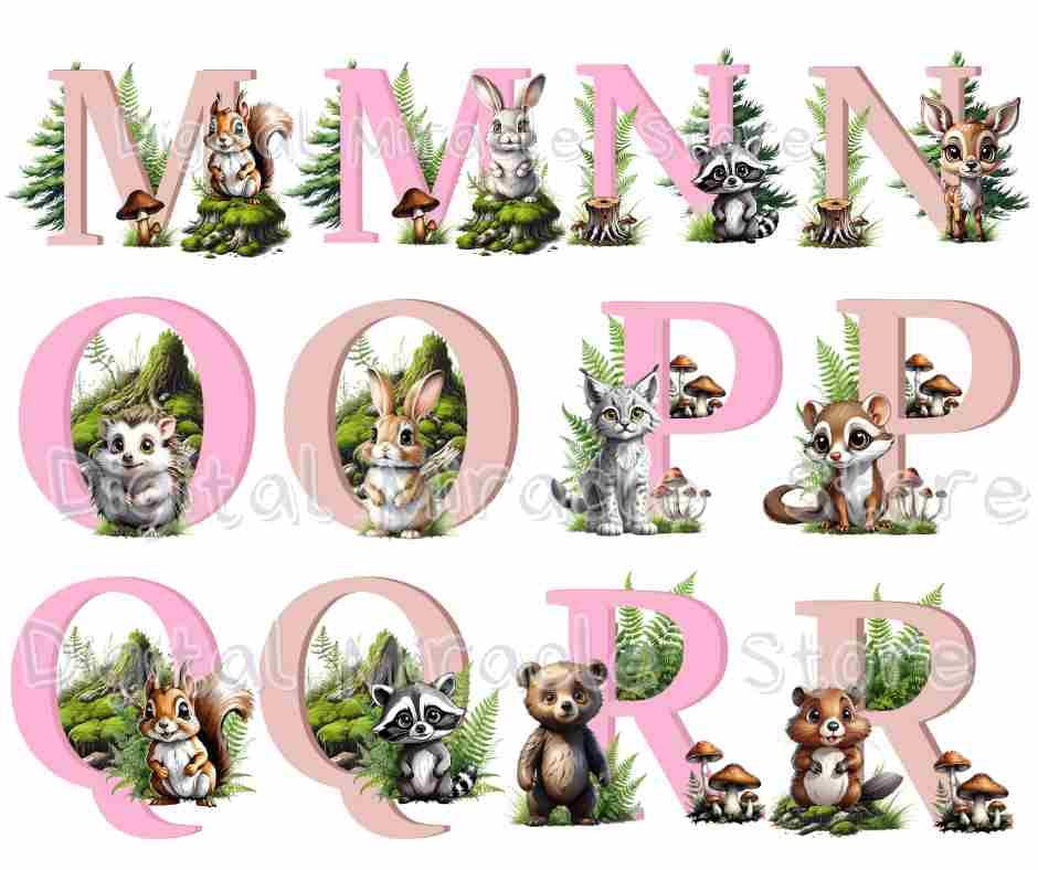 Pink Woodland Letters, Woodland Alphabet, Pink Forest Clipart, Pink ...