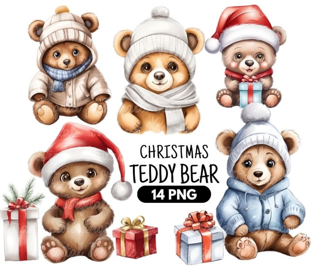 Winter Bear Clip Art, Christmas Teddy Bear Clipart, Watercolor ...
