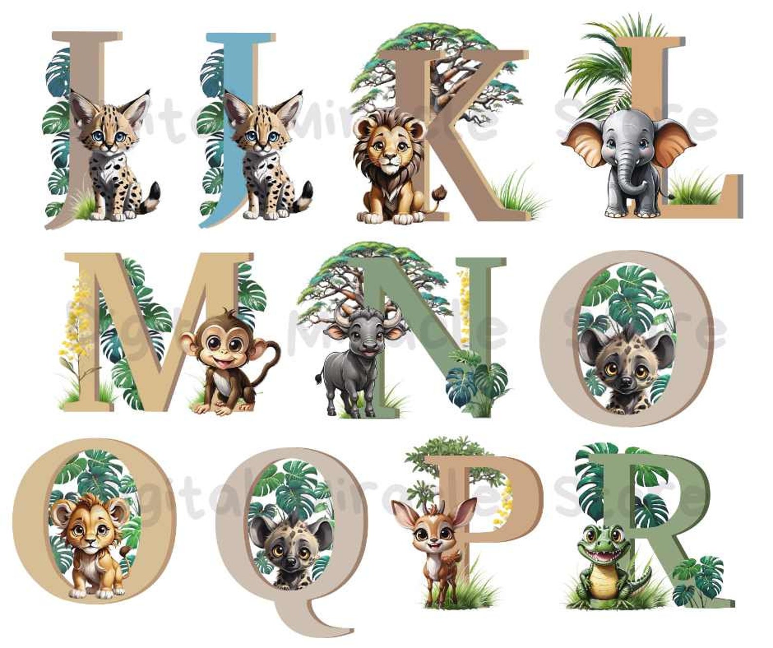 Jungle Alphabet, Cute Safari Animals Clipart, Jungle Animal Clipart ...