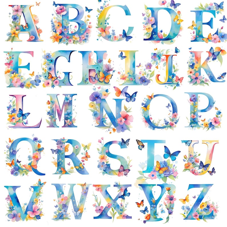 Butterfly Alphabet Clipart, Alphabet PNG, Floral Letters Clipart ...